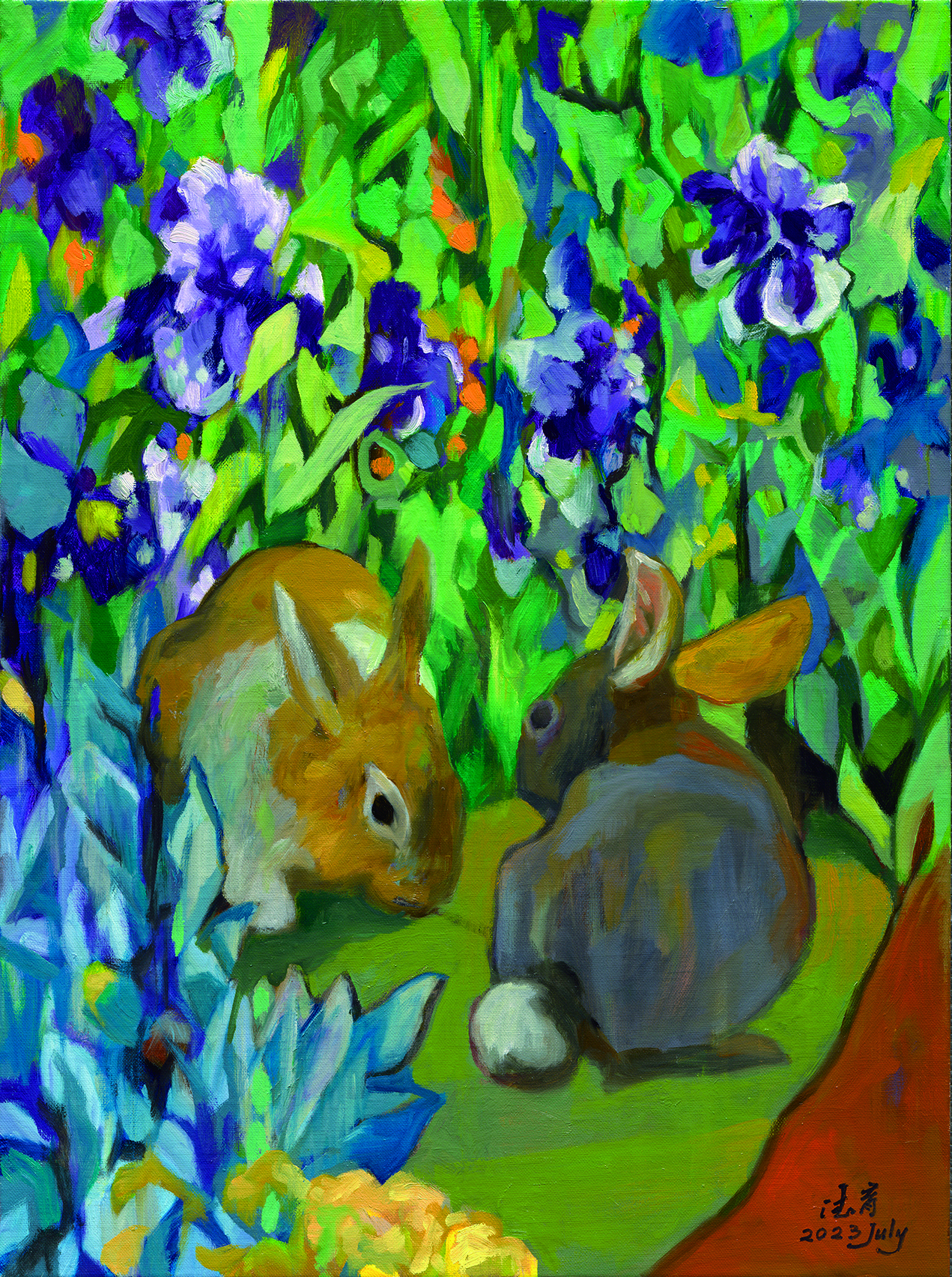 王德育-雙兔紫鳶 Two Rabbits amid Purple Irises - 非池中藝術網
